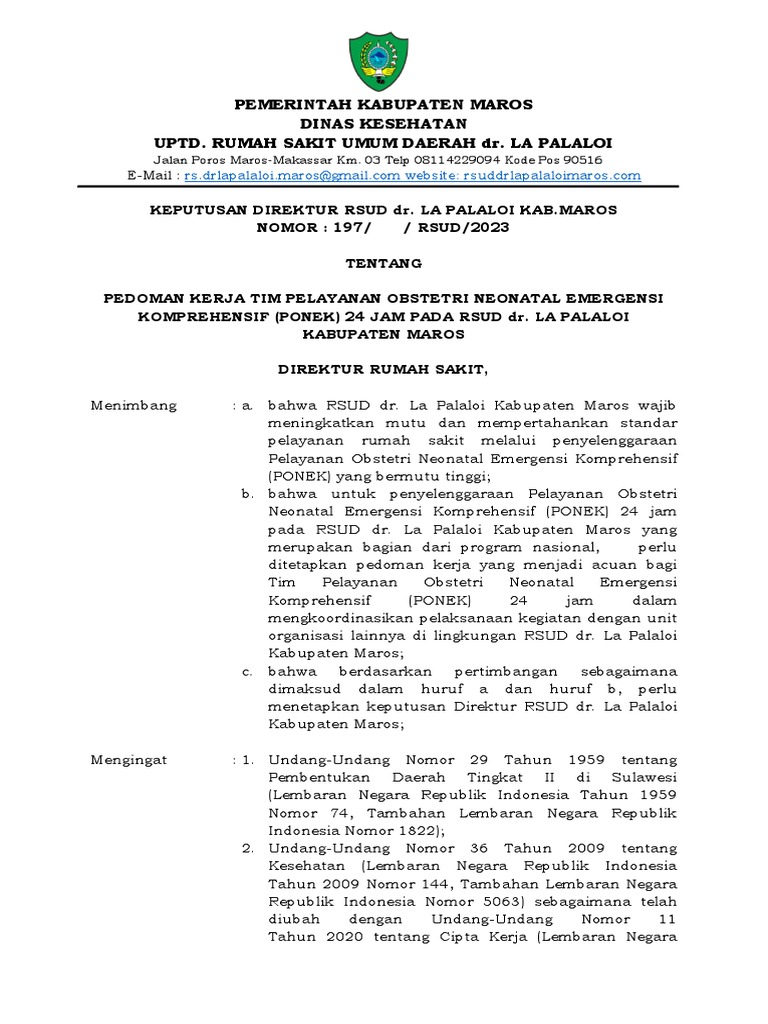 SK Pedoman Kerja Tim PONEK 24 Jam RSUD DR - La Palaloi | PDF
