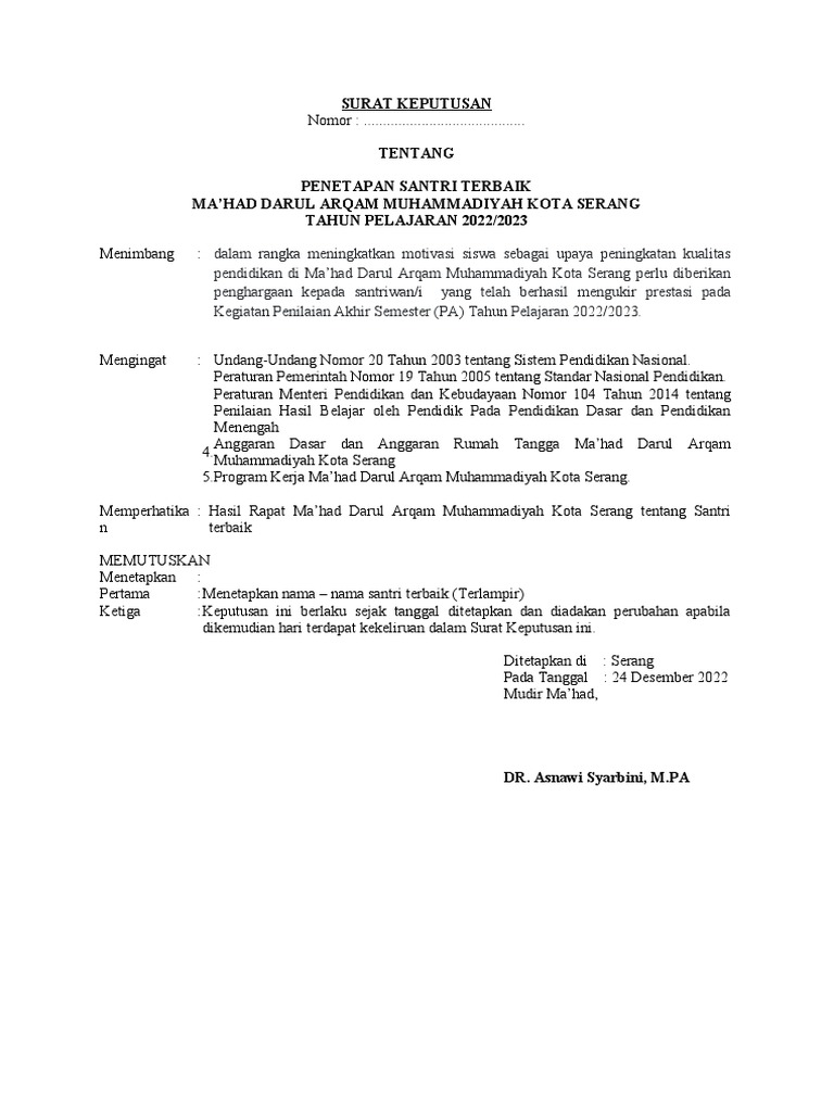 Surat Keputusan Santri Terbaik | PDF