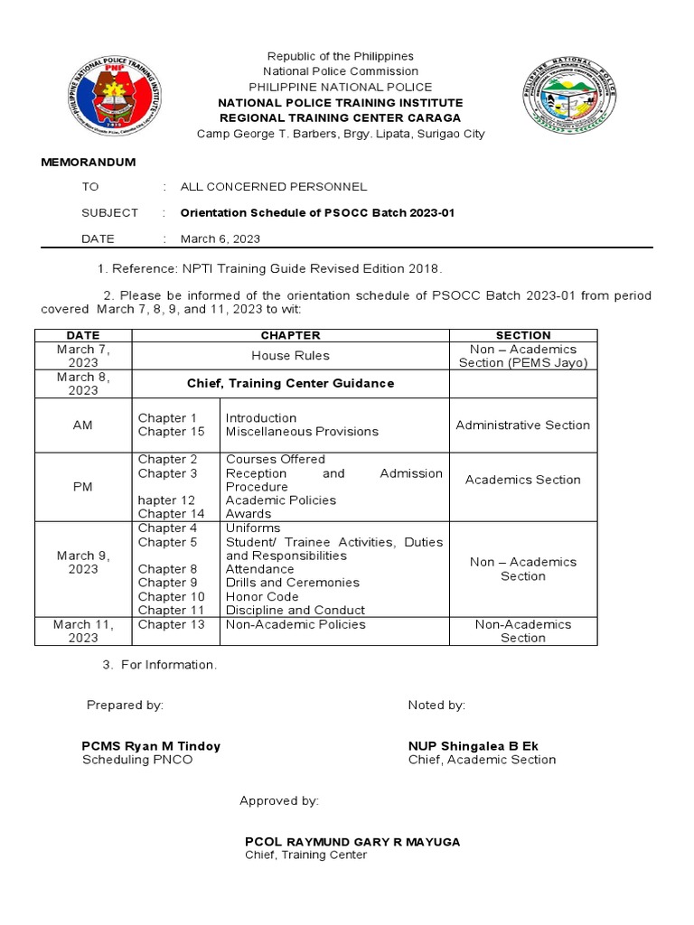 PSOCC 2023-01 Orientation Schedule | PDF | Justice | Crime & Violence