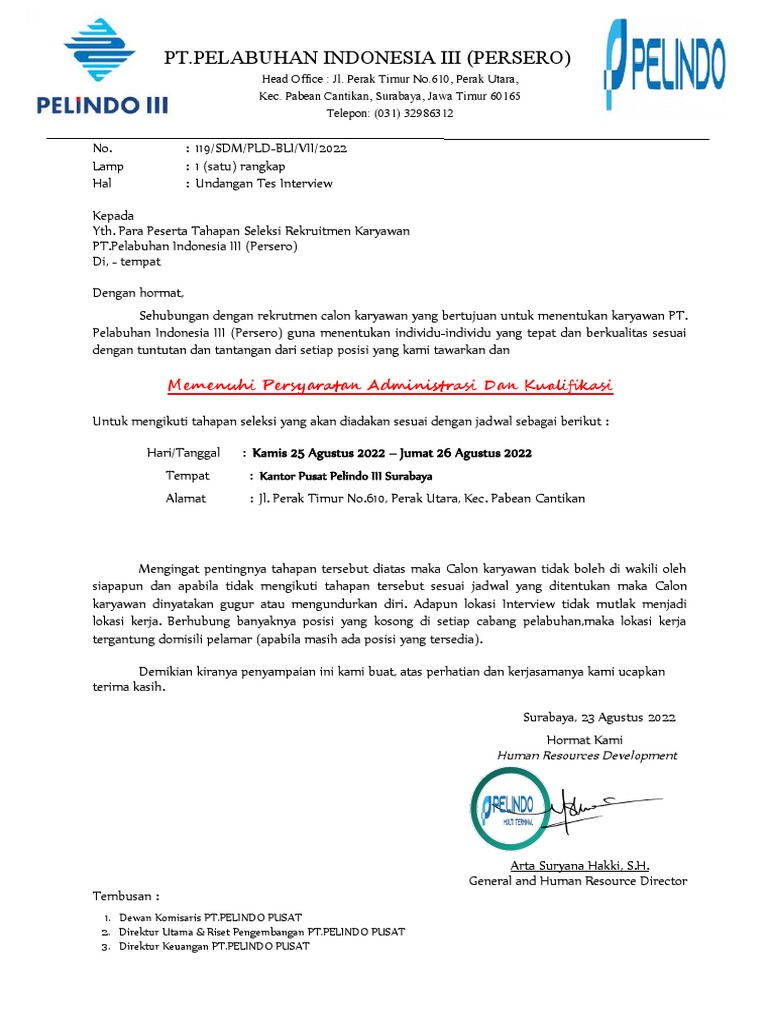 Undangan Interview PT - PELINDO III (Persero) | PDF