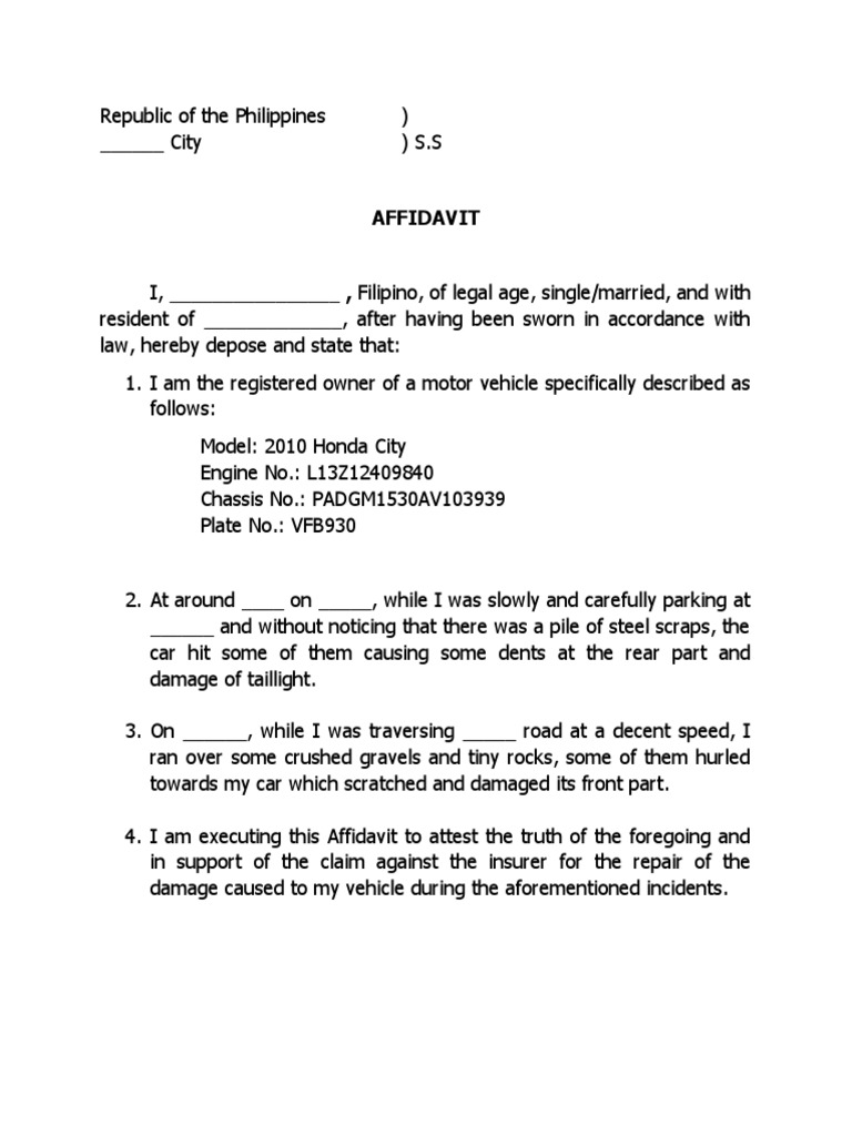 Affidavit Regarding Damage Incidents and Vehicle Repair Claim | PDF
