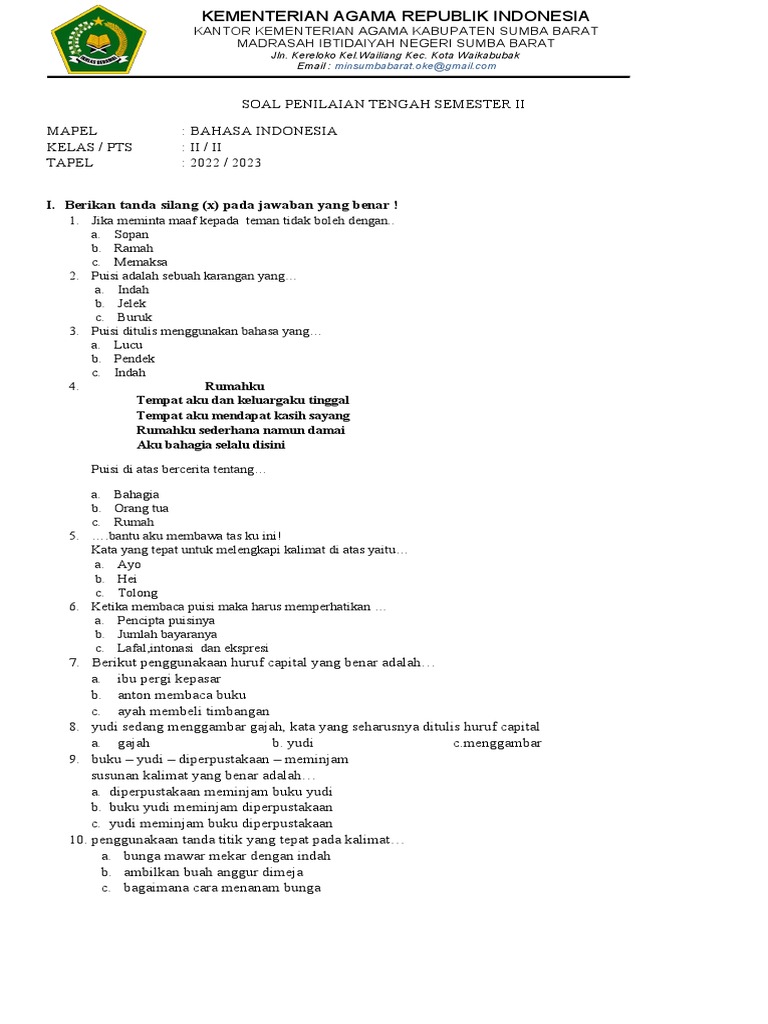 SOAL PENILAIAN TENGAH SEMESTER II Kelas 2 | PDF | Seni & Disiplin Bahasa | Griya & Taman