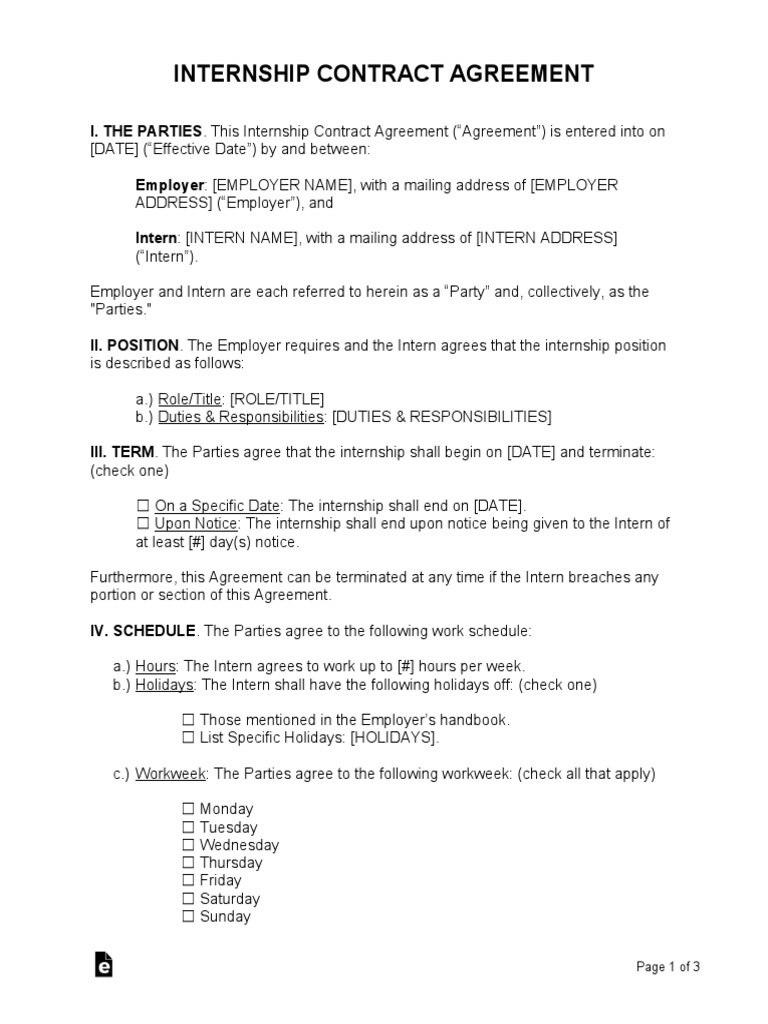 Internship Contract Agreement: Page 1 of 3 | PDF | Workweek And Weekend ...