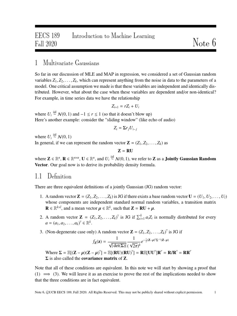 Note 6: EECS 189 Introduction To Machine Learning Fall 2020 1 Multivariate Gaussians | PDF ...
