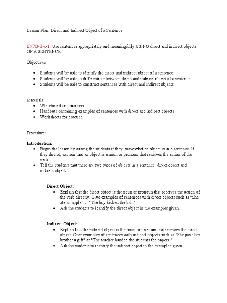 Direct and Indirect Objects Lesson Plan | PDF | Object (Grammar) | Verb
