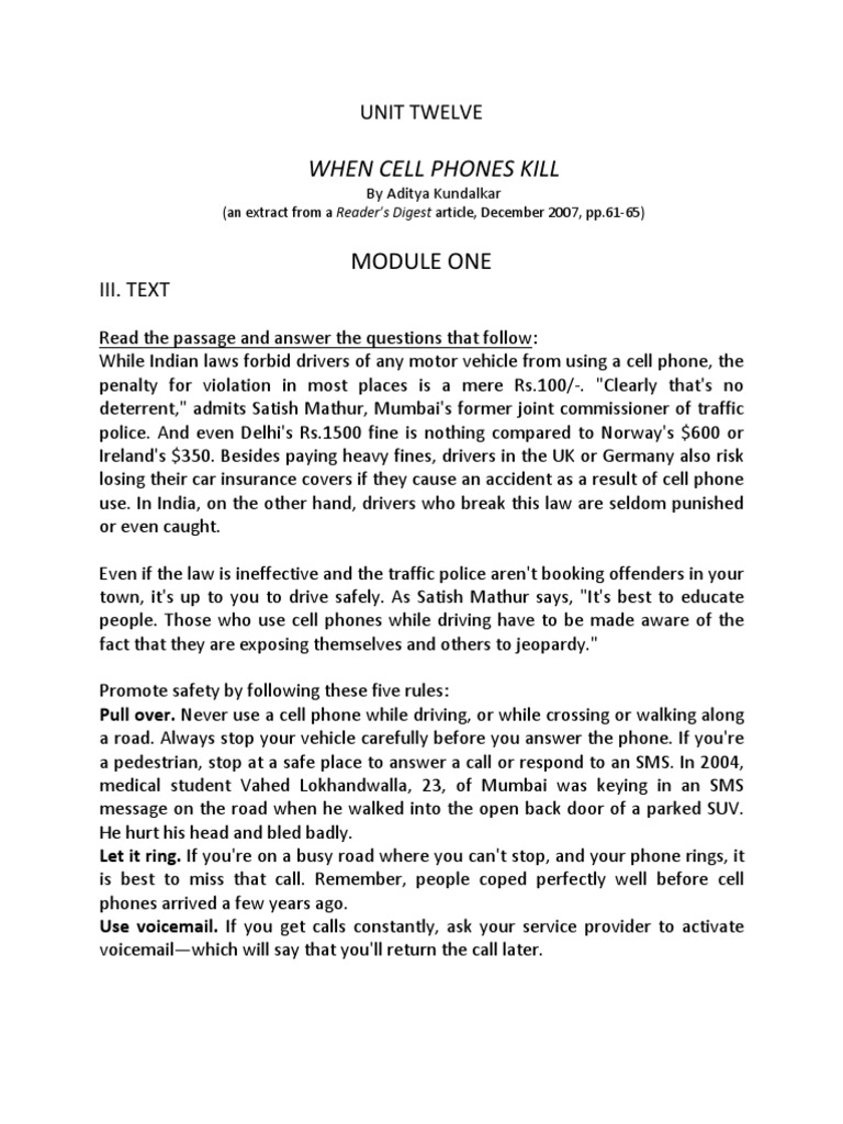 When Cell Phones Kill: Module One | PDF | Boycott | Traffic