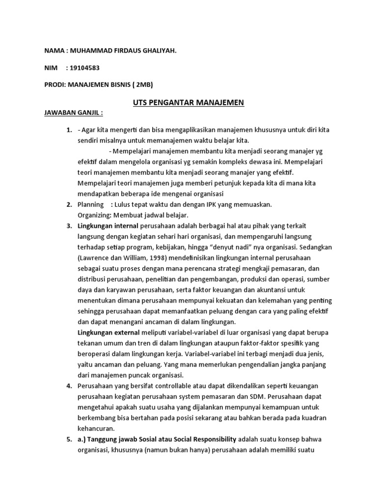 Uts Pengantar Manajemen (19104583) | PDF