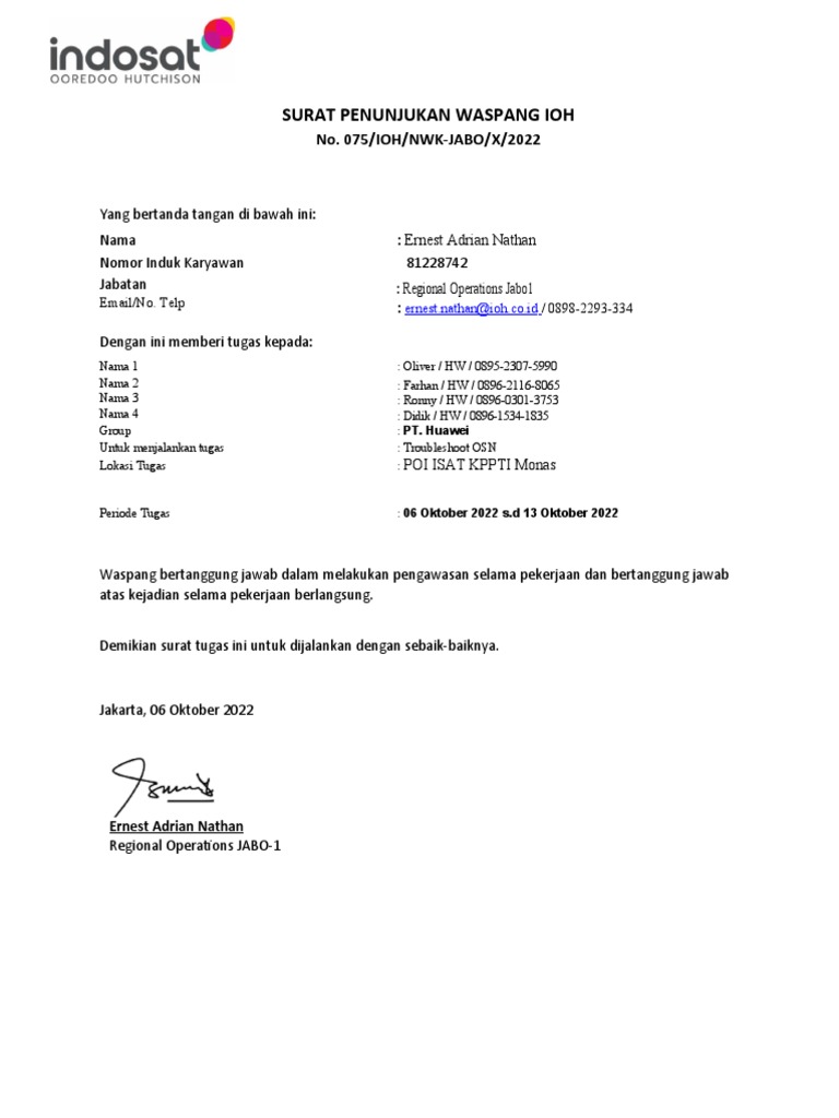 Surat Penunjukan Waspang IOH Huawei POI Monas | PDF