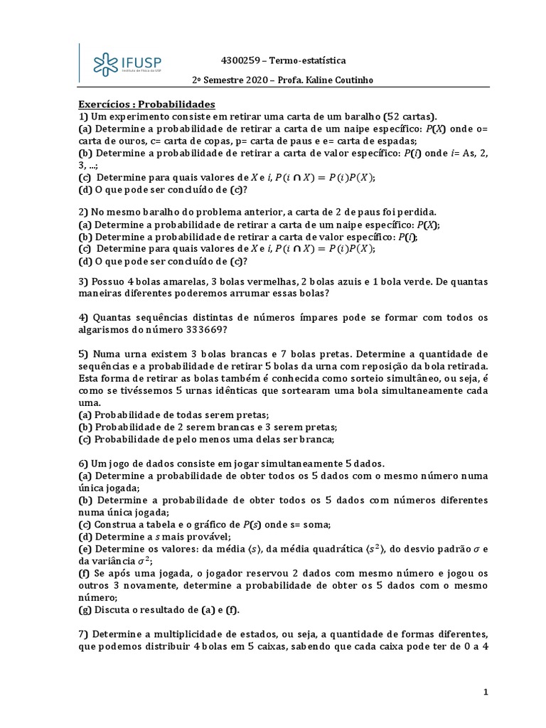 Exercicios Probabilidades | PDF | Cartas de baralho | Probabilidade