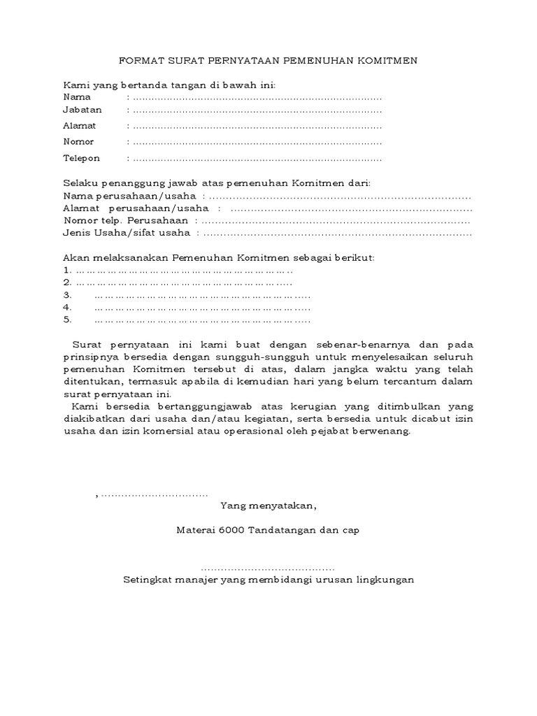 Format Surat Pernyataan Pemenuhan Komitmen | PDF Format Surat Pernyataan Pemenuhan Komitmen | PDF