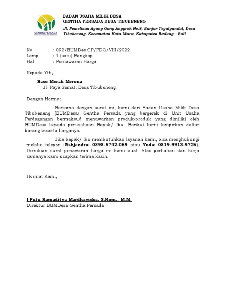 Penawaran Harga Baso Mawar Merona | PDF