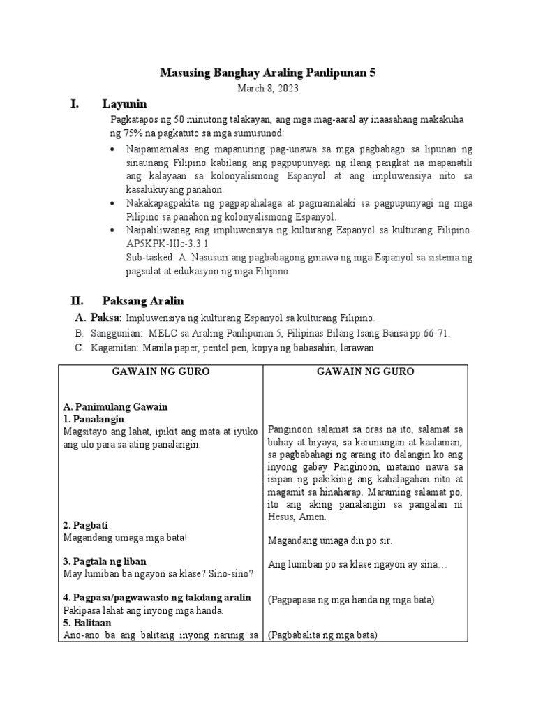 Masusing Banghay Araling Panlipunan 5... | PDF