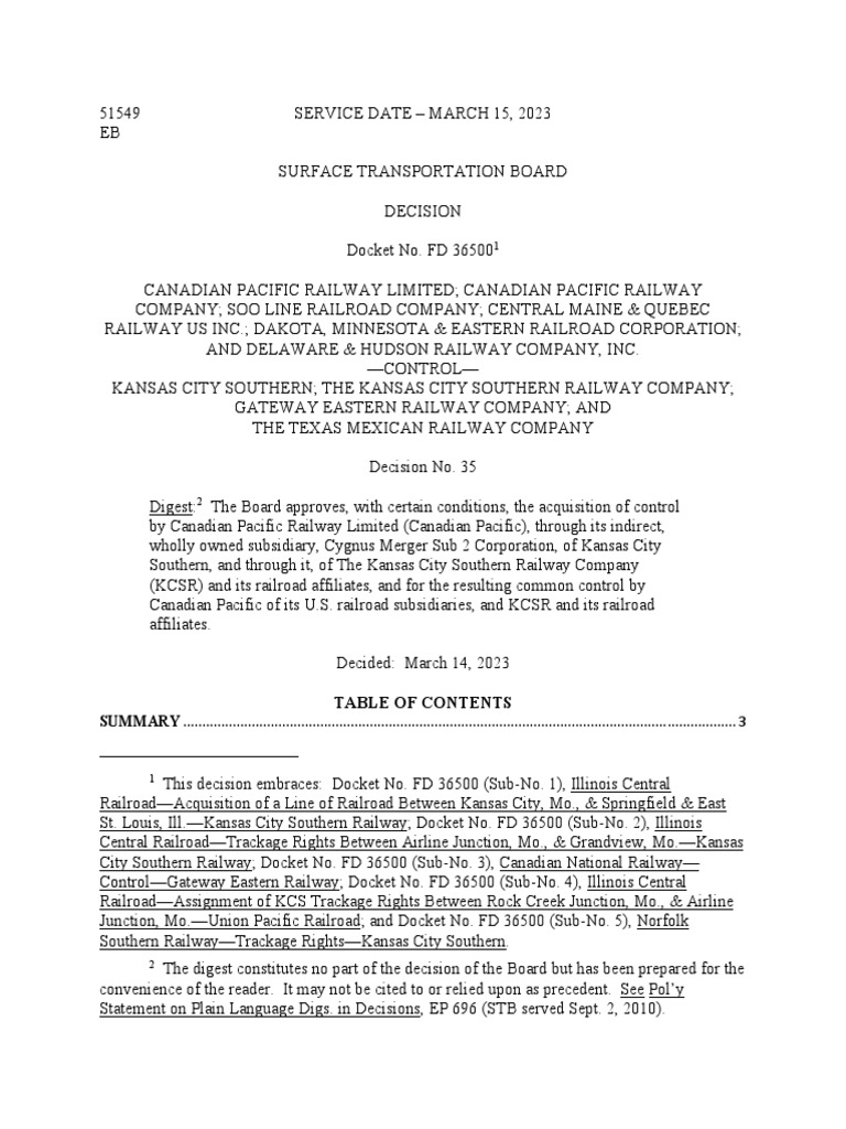 Surface Transportation Board's Decision On The Canadian Pacific-Kansas City Southern Merger ...