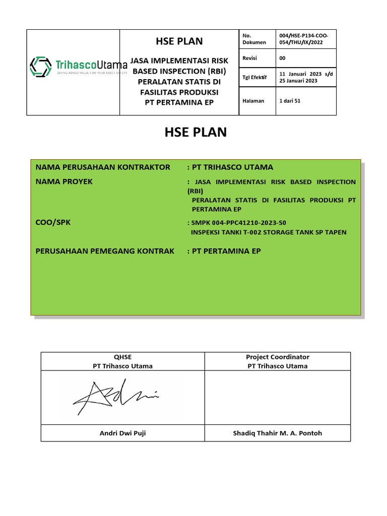 HSE PLAN SP Tapen | PDF | Teknologi & Rekayasa
