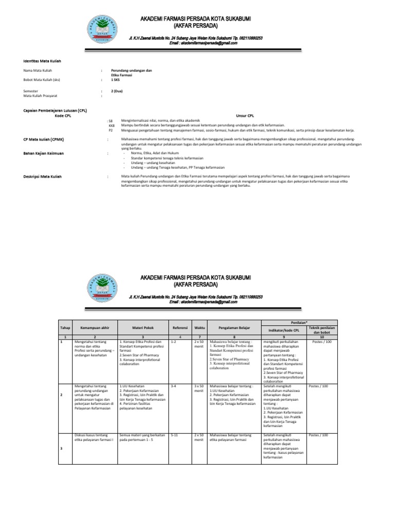 RPS D3 Perundang-Undangan Dan Etika Farmasi 2020 New Form | PDF