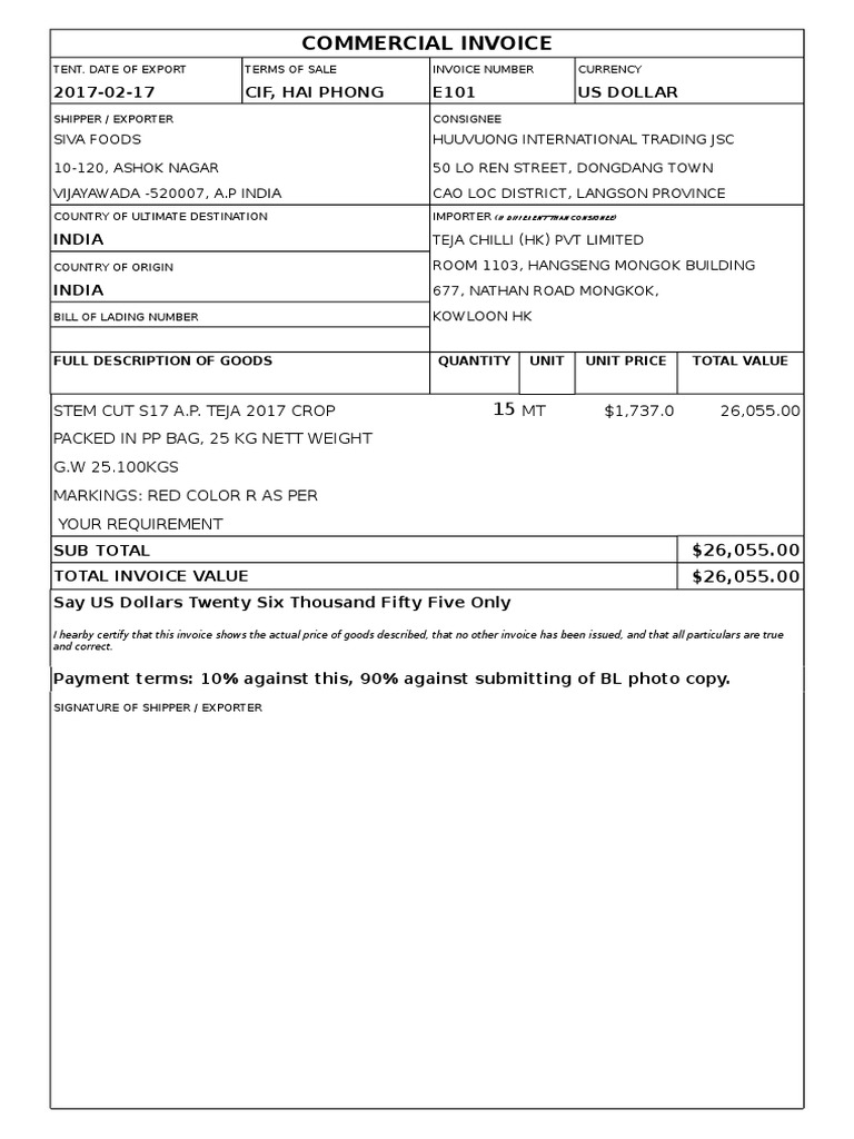 Commercial Invoice for Teja Chilli | PDF