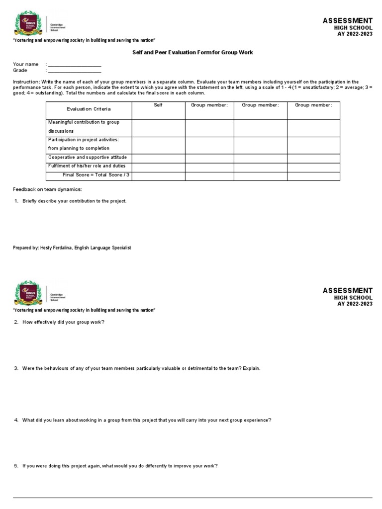 Peer Evaluation Form For Group Work - PT 1 | PDF | Behavioural Sciences ...