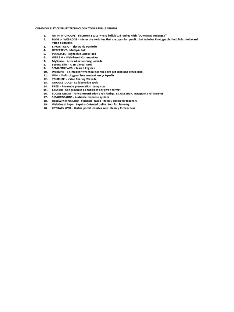 Common 21ST Century Technology Tools For Learning | PDF