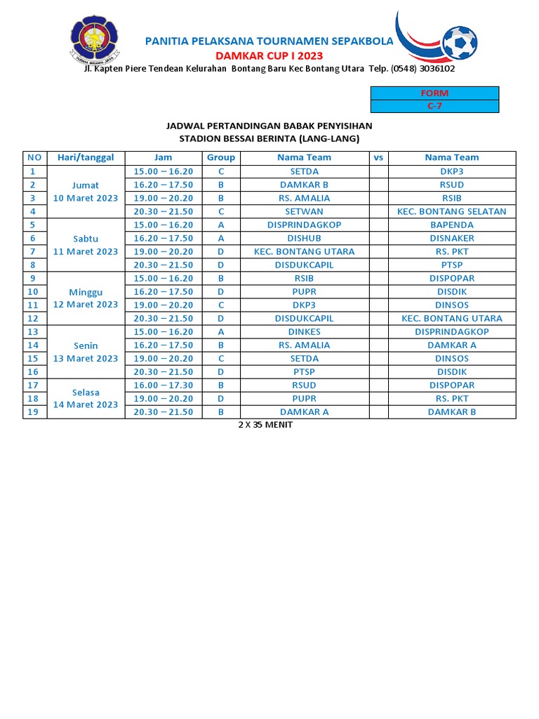 Jadwal Turnamen Sepakbola Damkar Cup 2023 | PDF