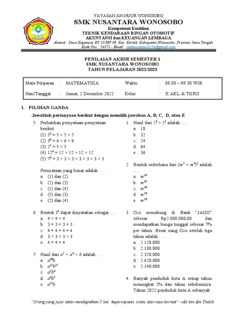 Soal Pas 1 MTK Kelas X Akl & Tkro | PDF