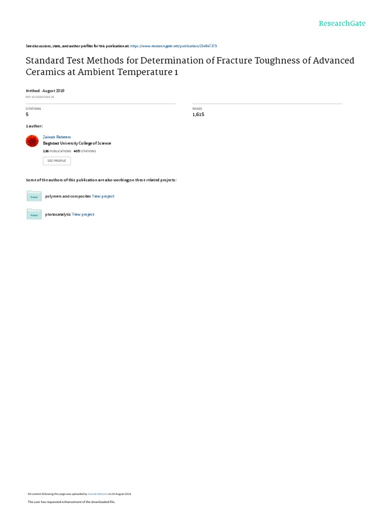 Astm c1421 10FractureToughnessofAdvancedCeramics | PDF | Fracture Mechanics | Fracture