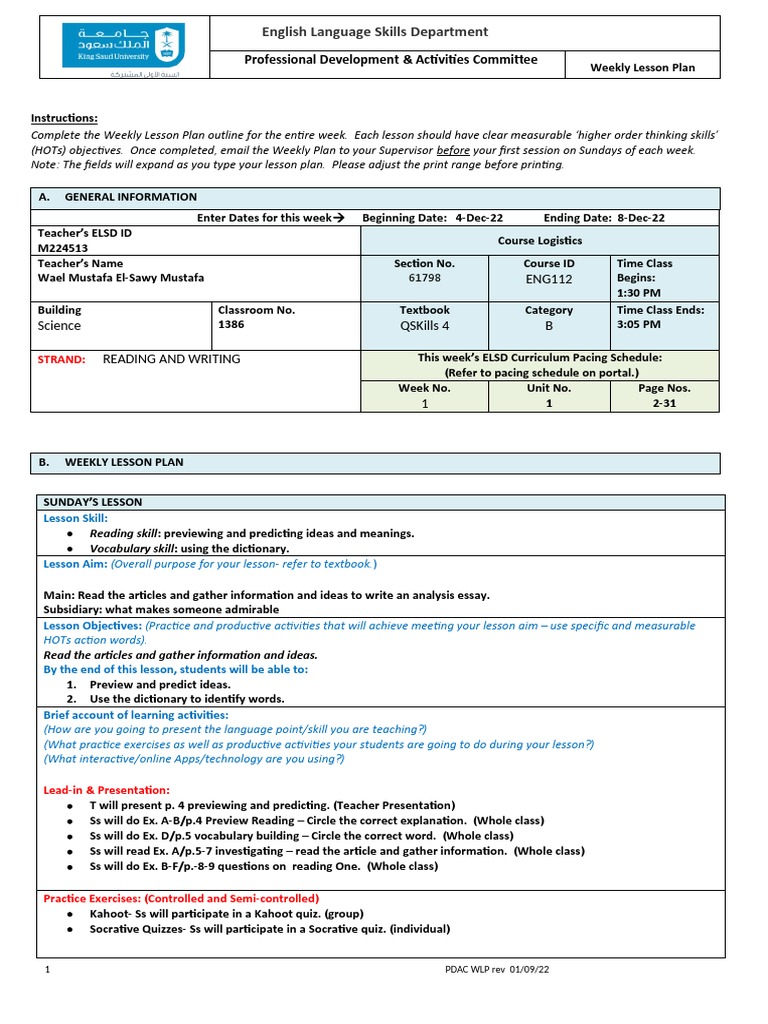 Week 1 Lesson Plan RW ENGL 112 | PDF | Lesson Plan | Essays