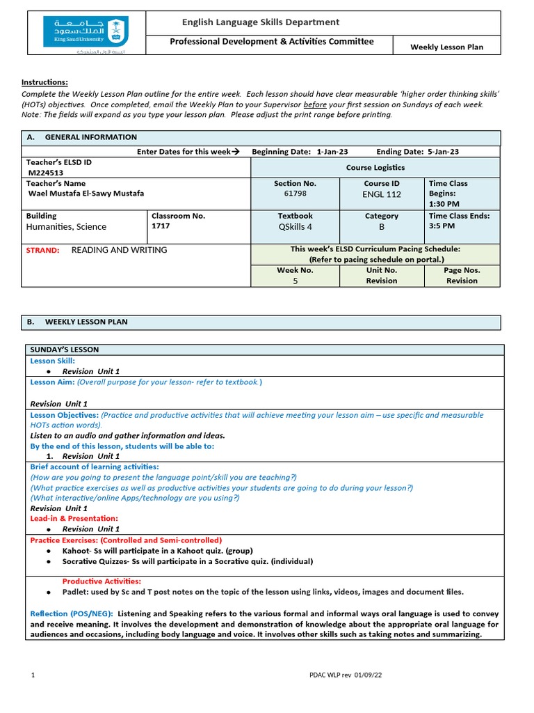 Week 5 Lesson Plan RW ENGL 112 | PDF | Lesson Plan | Quiz