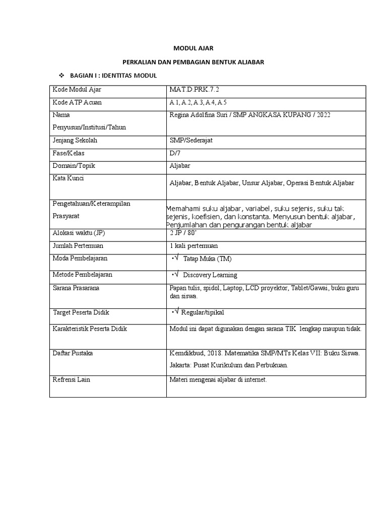 MODUL AJAR Aljabar P4 | PDF