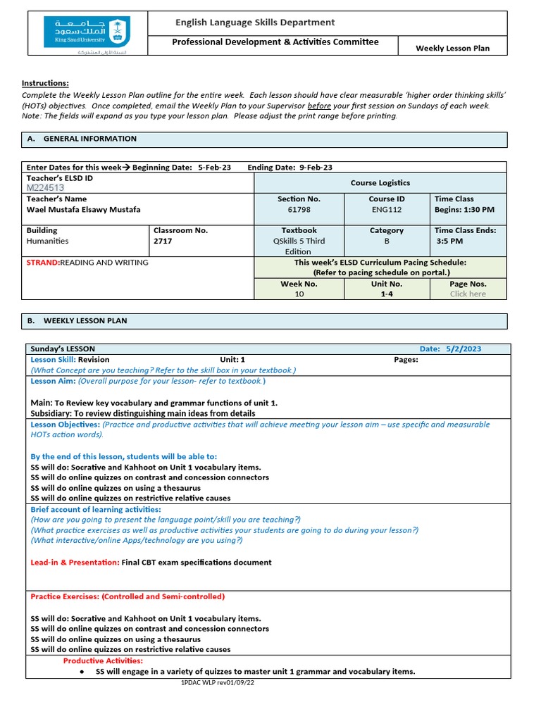 Week 10 Lesson Plan RW ENGL 112 | Download Free PDF | Lesson Plan | Quiz