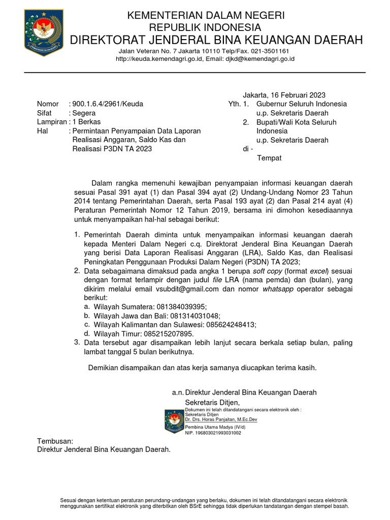 Surat Permintaan Data Keuangan Daerah | PDF