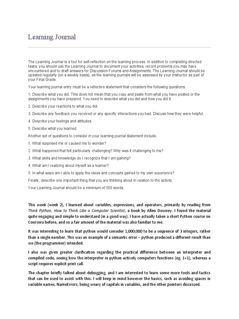 Learning Journal: Week 2 Reflections | PDF | Learning | Python ...