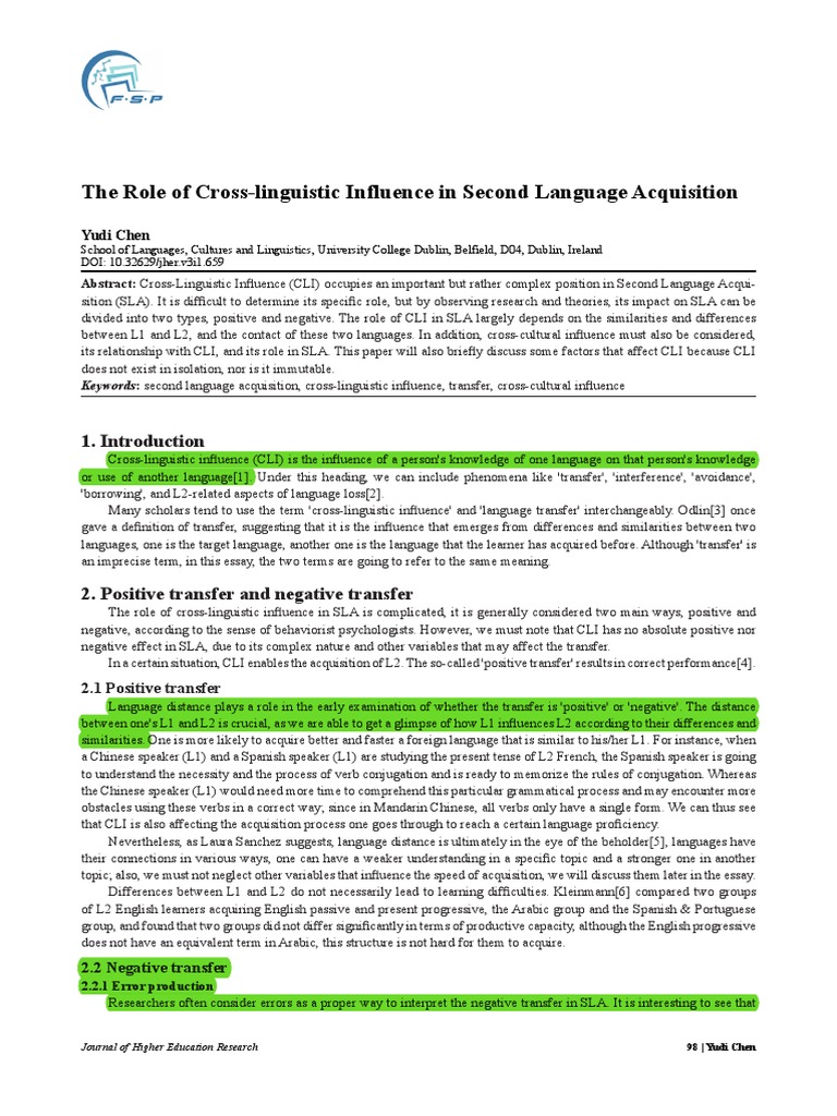 The Role Of Cross Linguistic Influence In Second Language Acquisition