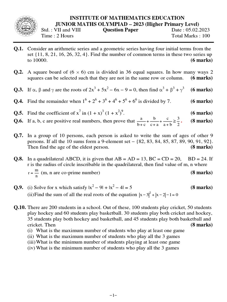 JMO 2023 (7, 8) Question Paper | PDF | Triangle | Circle