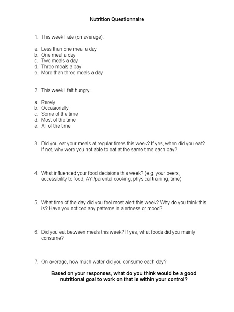 Nutrition Questionnaire | PDF | Wellness