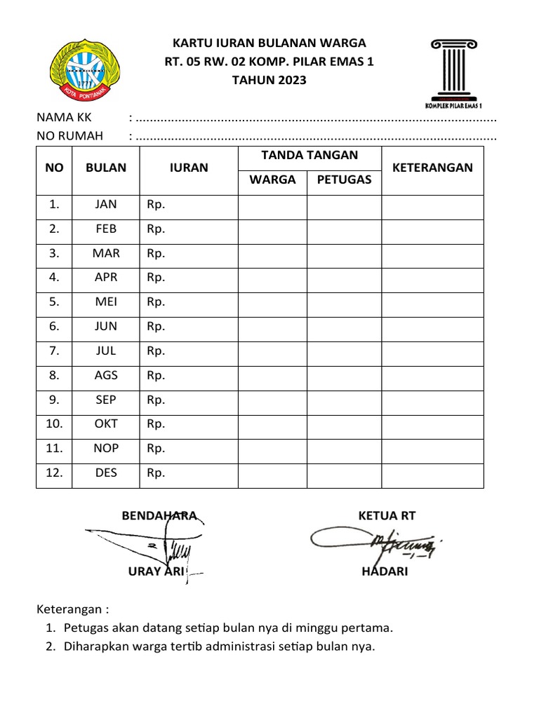 KARTU IURAN BULANAN WARGA | PDF