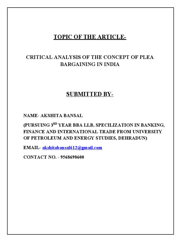 Critical Analysis of Plea Bargaining in India | PDF | Plea Bargain | Plea