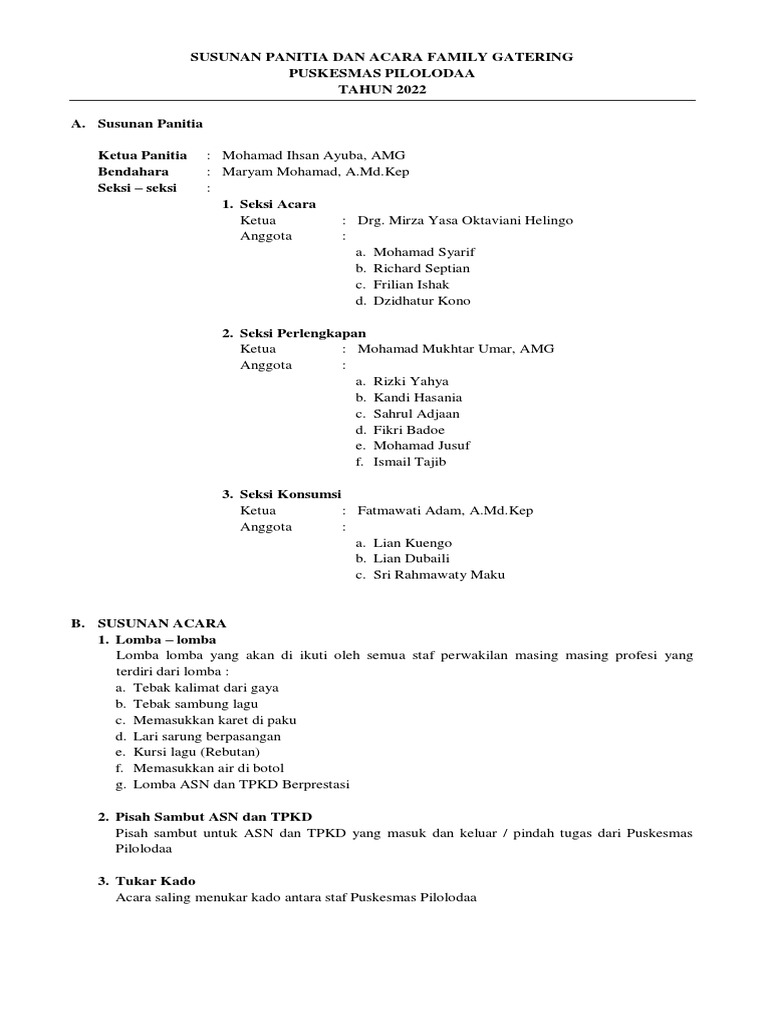 Susunan Panitia Family Gathering 2022 | PDF