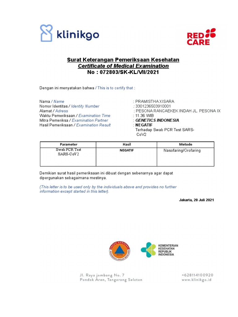Surat Keterangan PCR PRAMISTHA XISARA PDF | PDF