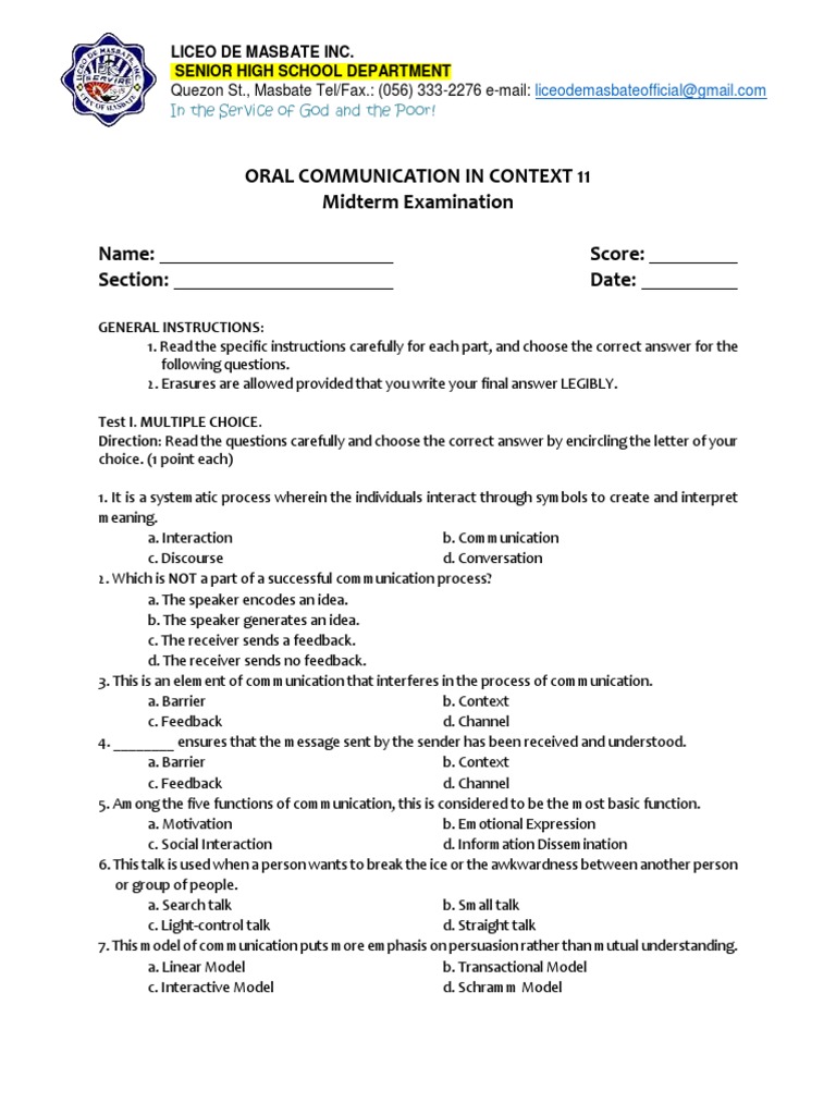 Grade 11 - Oral Comm Midterm Exam | PDF | Communication | Cognitive Science