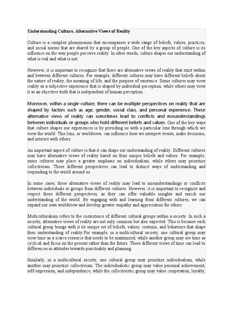 Understanding Culture Alternative Reality | PDF | Cross Cultural ...