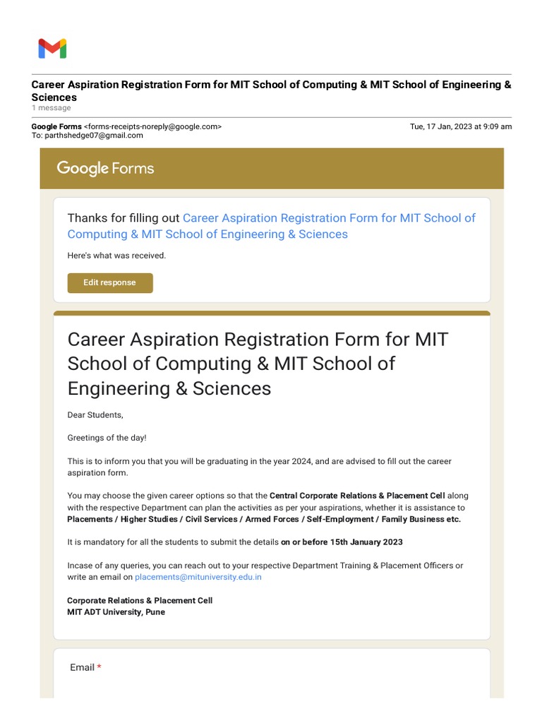 ParthGmail - Career Aspiration Registration Form For MIT School of Computing & MIT School of ...