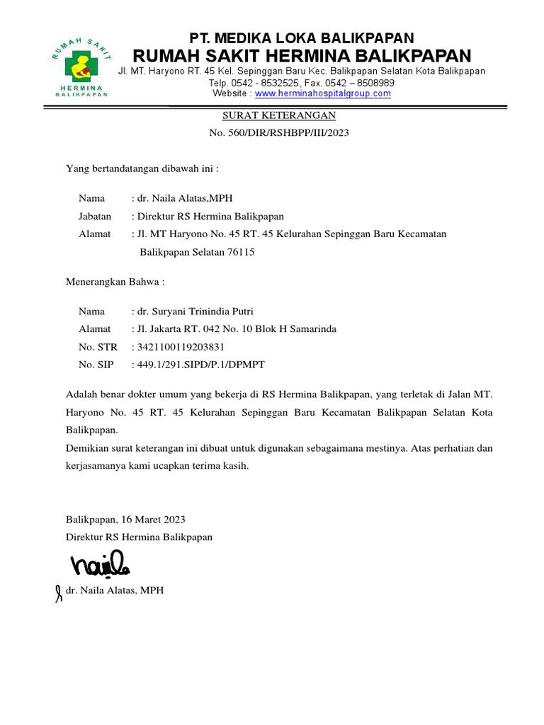 SURAT KETERANGAN Bekerja - Dr. Sury - 1 | PDF