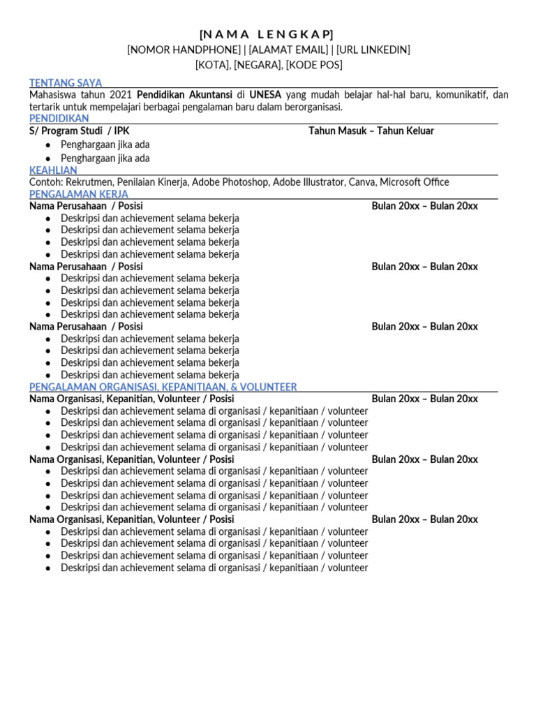 (B. Indonesia) Template CV Ats | PDF