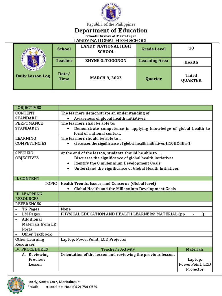 Lesson Plan Grade 10 Health | PDF | Millennium Development Goals | Learning