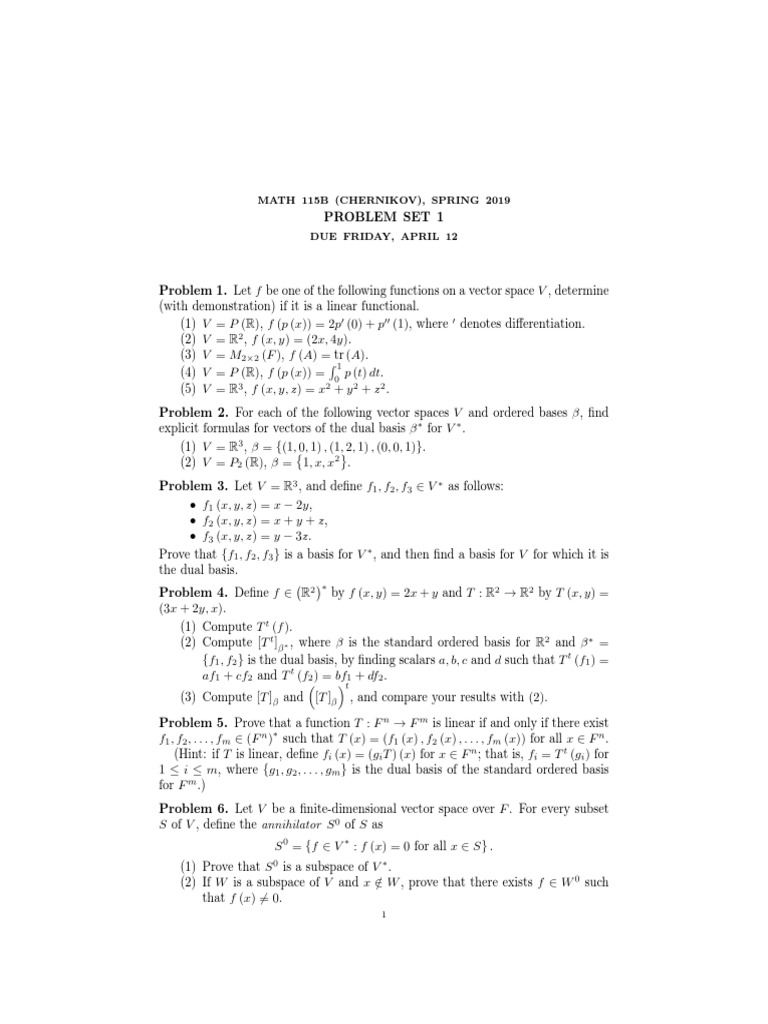 Math 115B (Chernikov), Spring 2019 | PDF | Basis (Linear Algebra ...