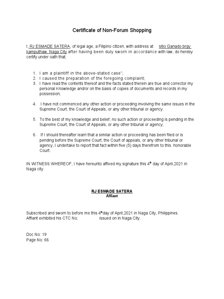 Certificate of Non Forum Shopping | PDF