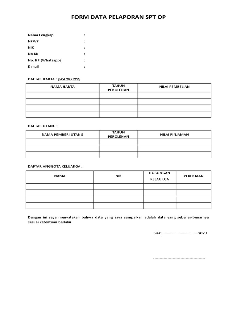 Form Data Pelaporan SPT Op | PDF