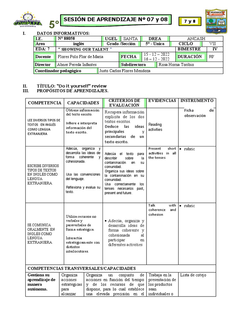 SESIÓN APRENDIZAJE #07 y 08 - 5° - EDA 7 | PDF | Modificación de comportamiento | Aprendizaje