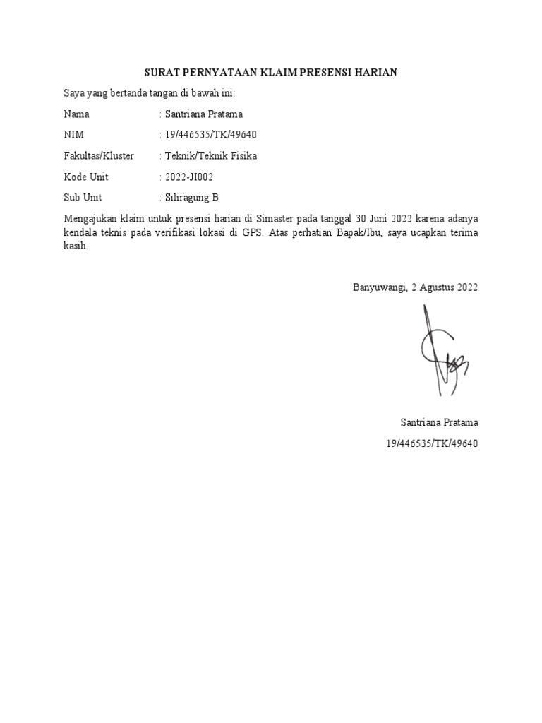 (CONTOH) Surat Keterangan Telat Presensi | PDF