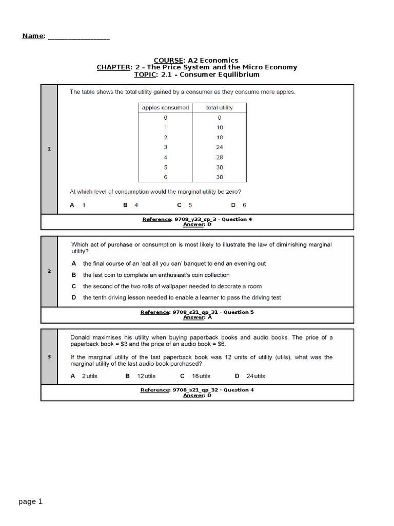 Topical MCQs - A2 Economics - 2.1 - Consumer Equilibrium | PDF ...
